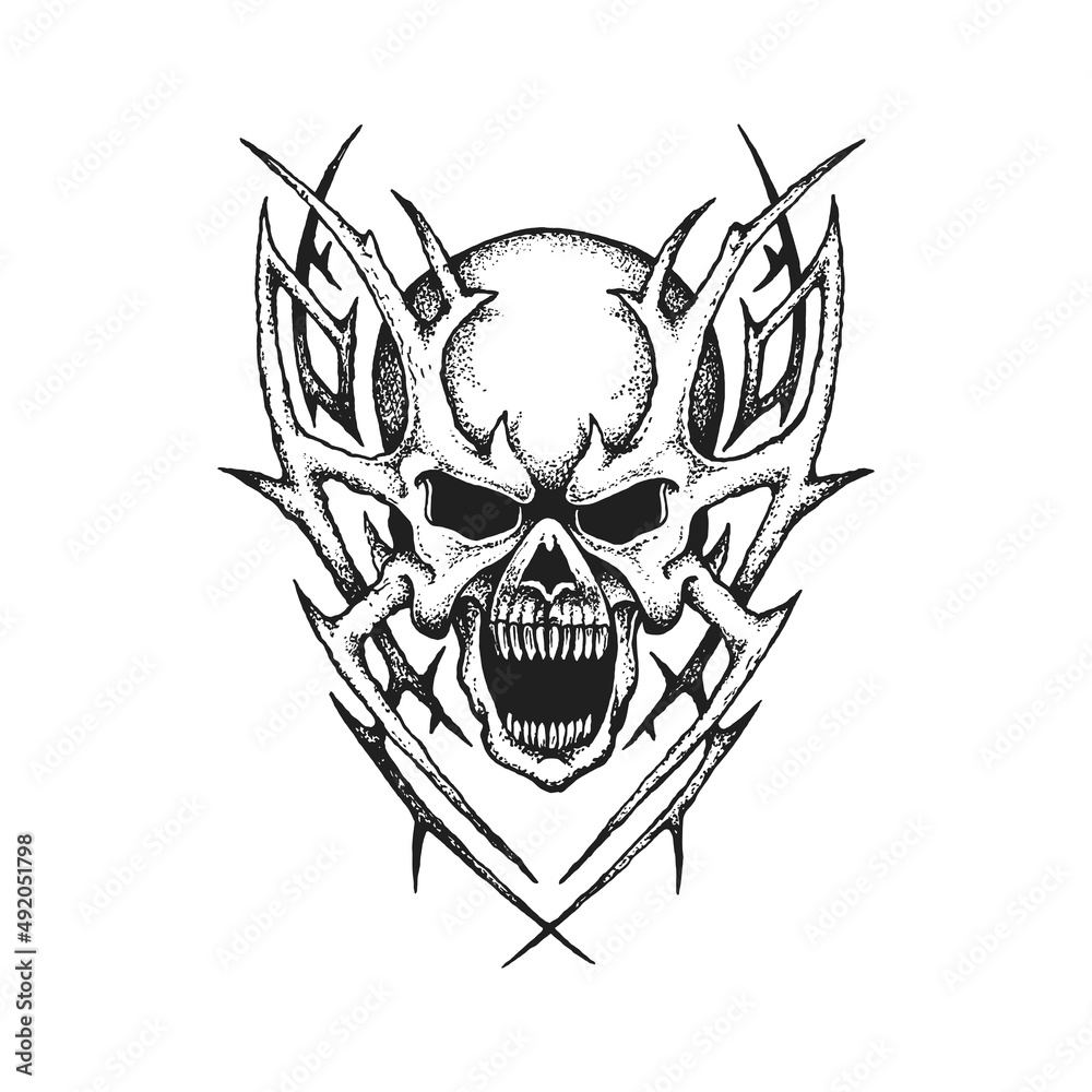 Spiked Devil Skull. Print or Tattoo Design. Hand Drawn Vector ...
