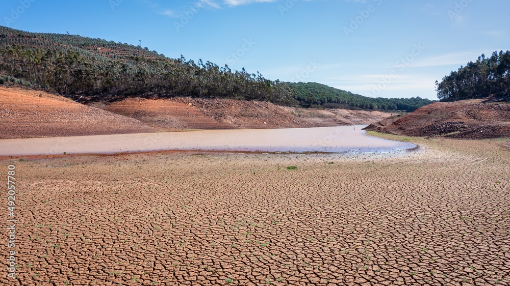 Landscape of low water and dry land in advance, severe drought in the ...