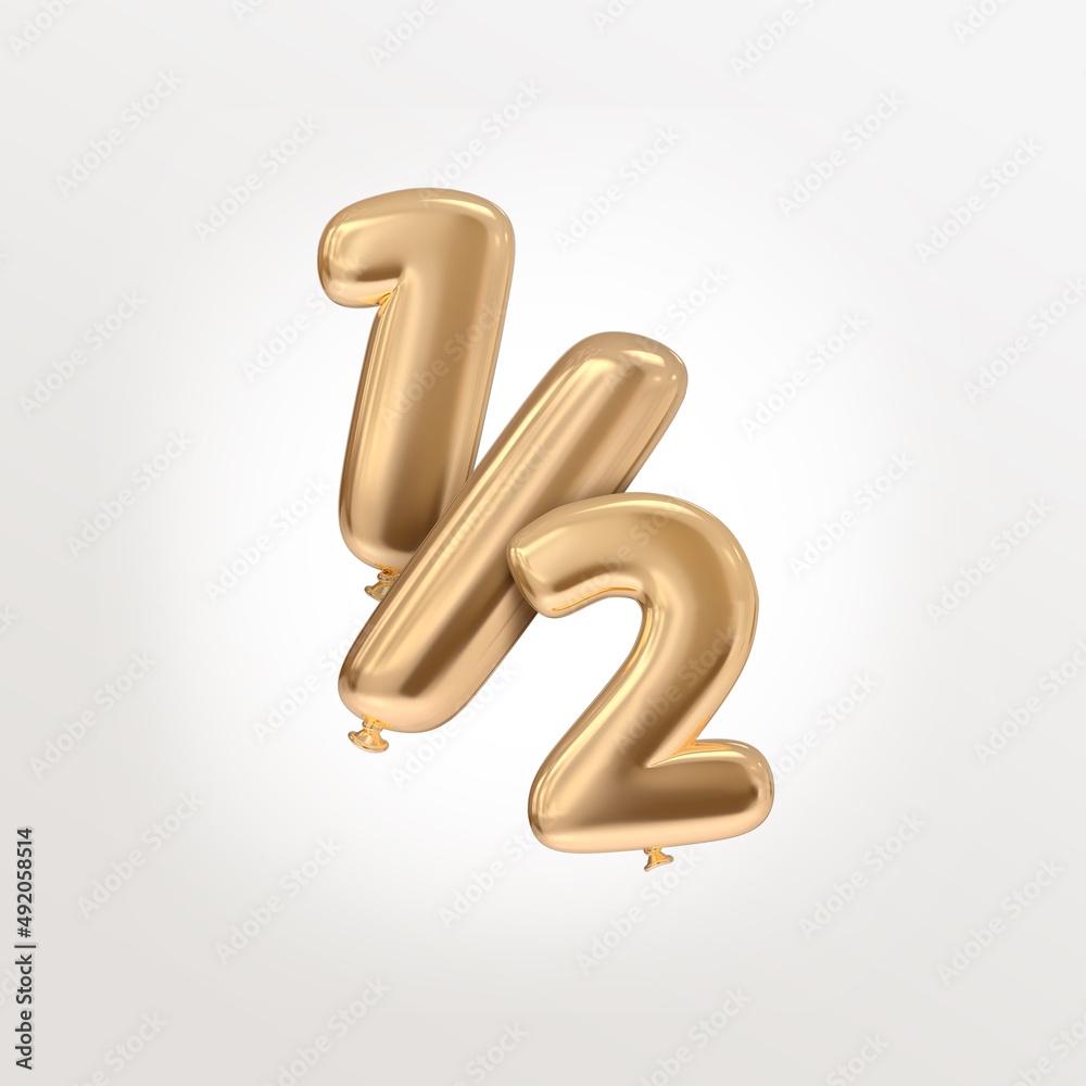 Math sign of half with numbers 3D illustration golden isolated ...
