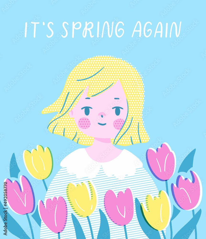 Cute girl among spring flowers. Vector illustration of a tulip field in ...