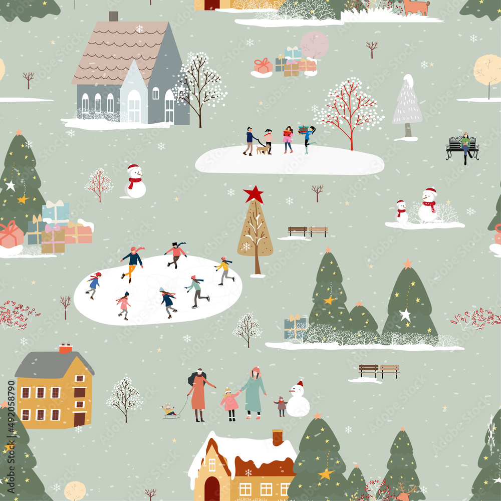 Seamless pattern Winter wonderland landscape in village,Vector ...