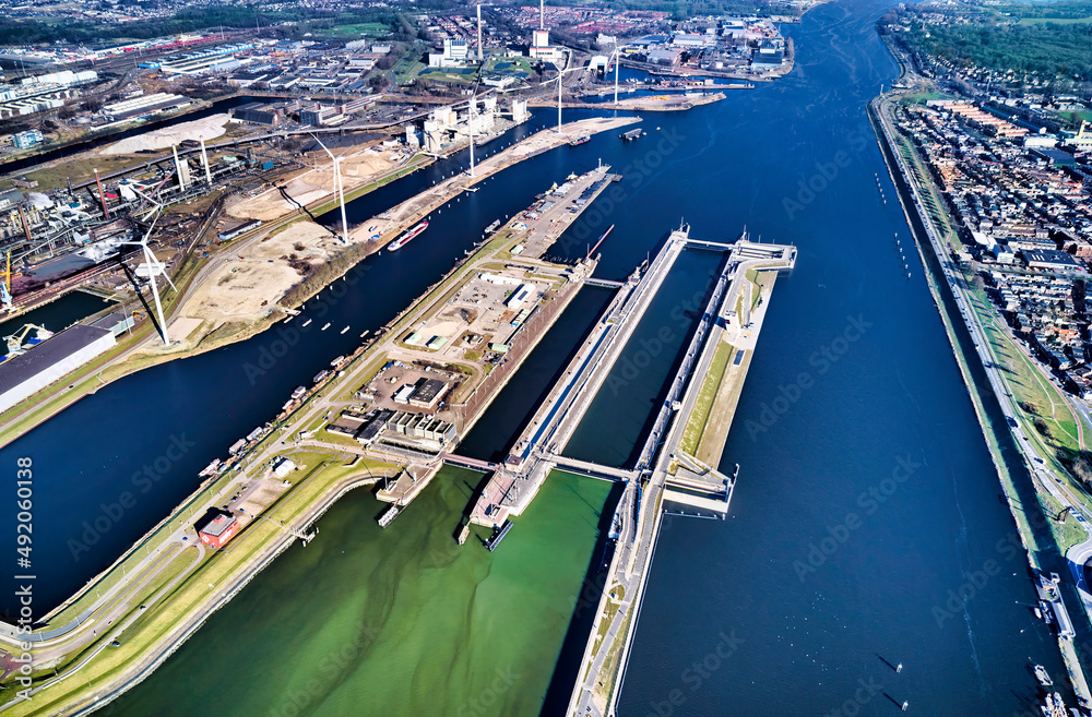Netherlands, IJmuiden - 20-02-2022: Aerial view of the largest sluice ...
