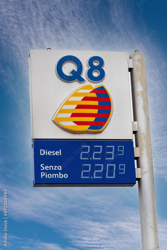 Fossano, Italy - March 11, 2022: Q8 logo sign with euro fuel prices ...