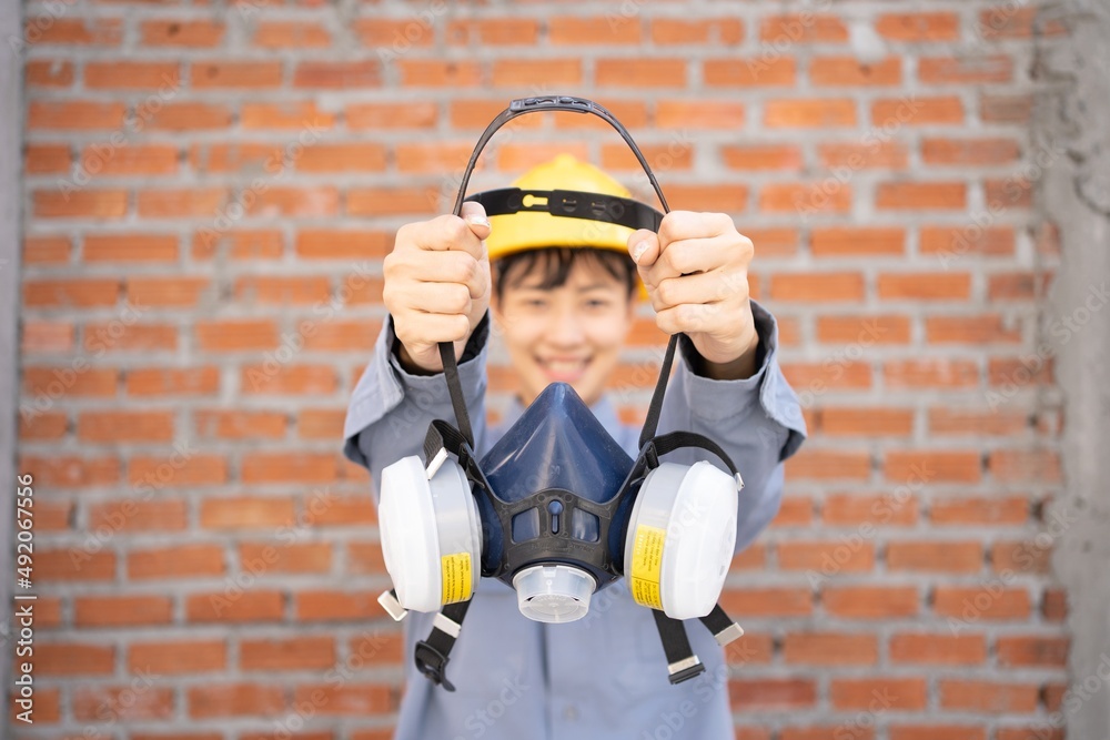 Beauty Asian girl construction,civil engineer wearing PPE Safety helmet ...