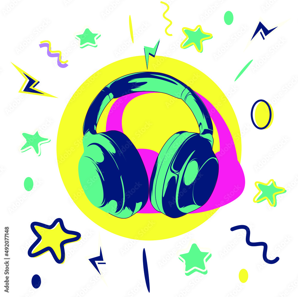 The 80s and 90s headphones with funky colorful design style textures ...