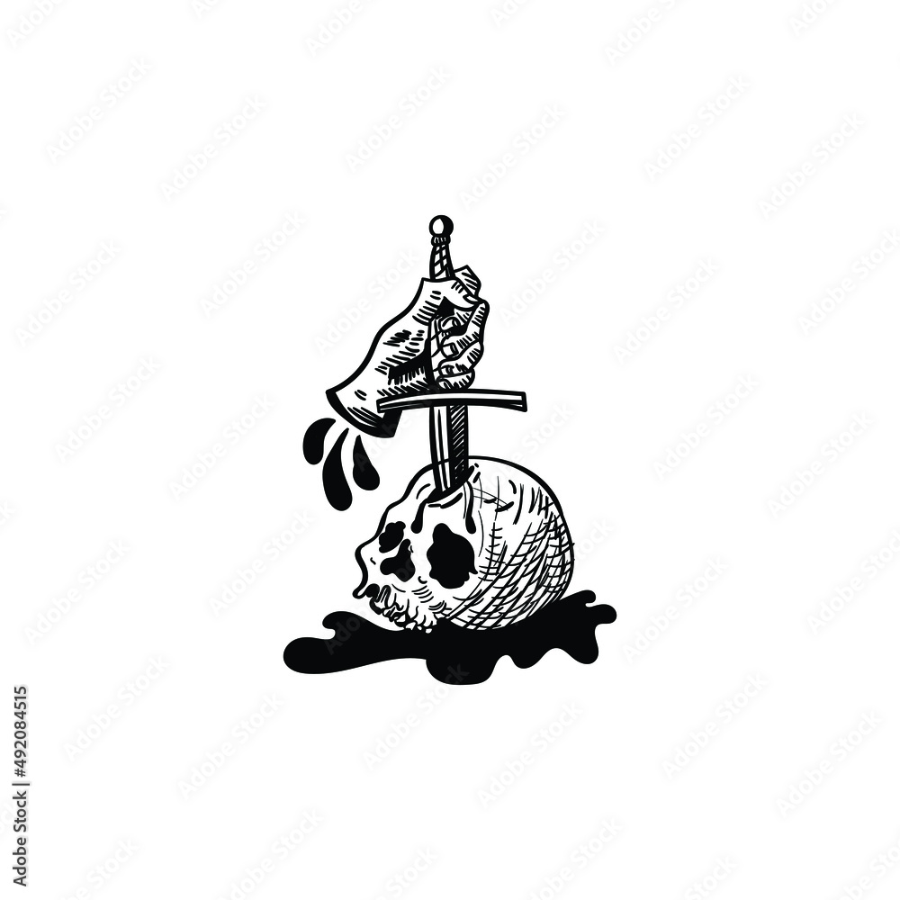 sketch of a skull stabbed with a knife, bleeding, with a black and ...