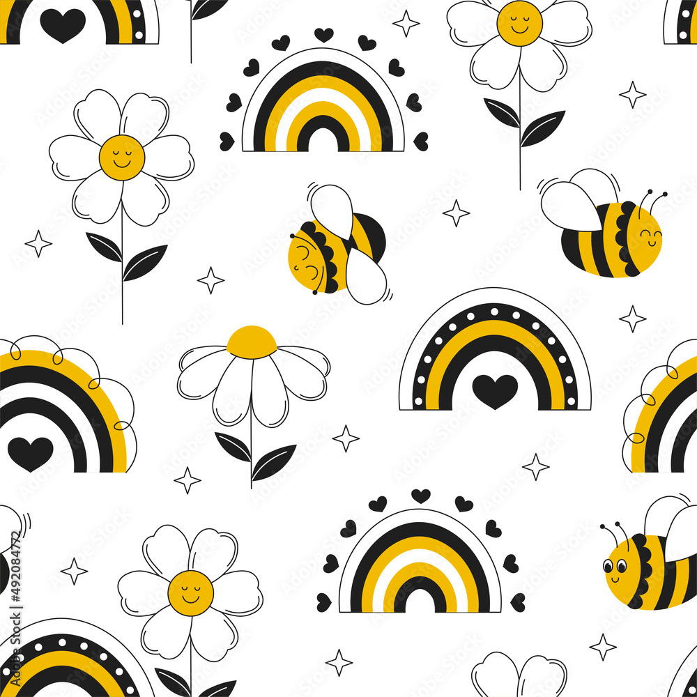 Little bee, rainbow and flower on white background. Beautiful seamless ...