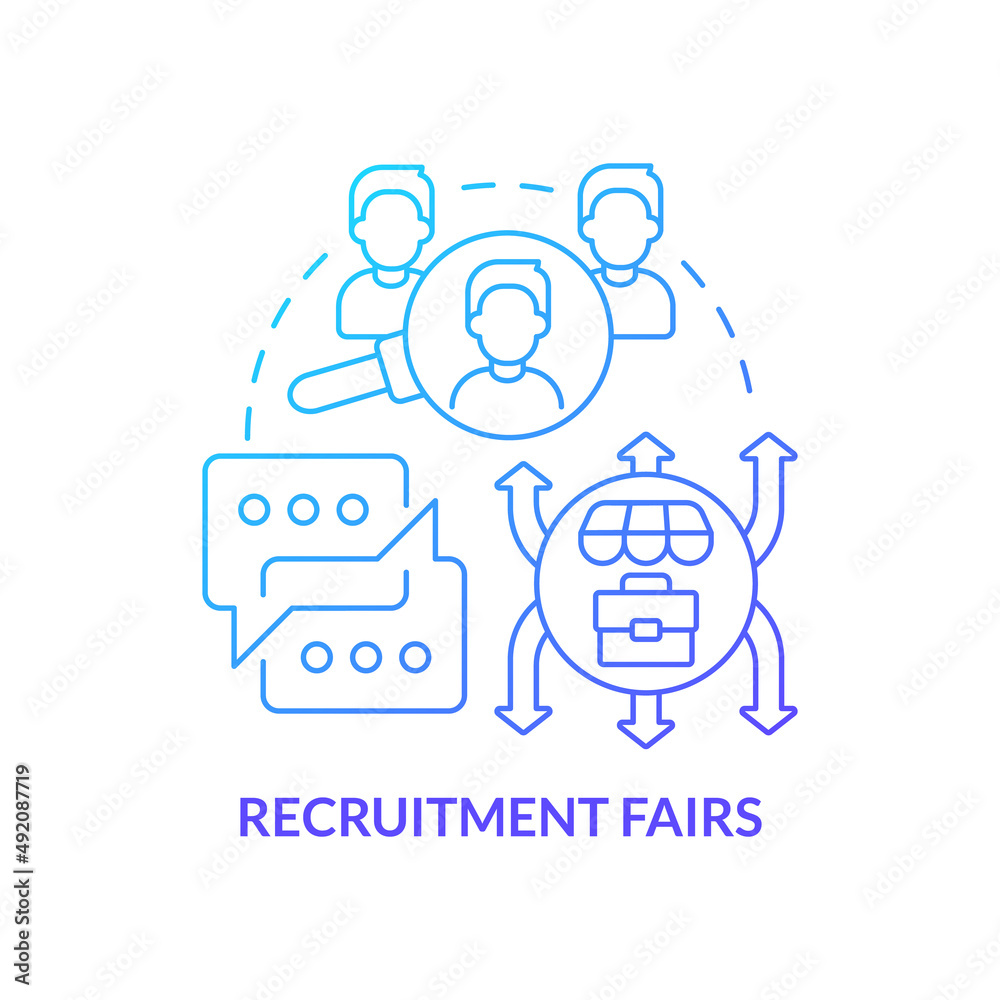 Recruitment fairs blue gradient concept icon. Sharing job information. HR organizing skills ...