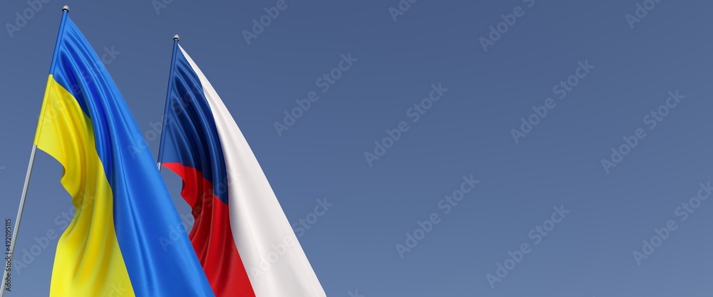 Flags of the Czech Republic and Ukraine on flagpoles on side. Flags on ...