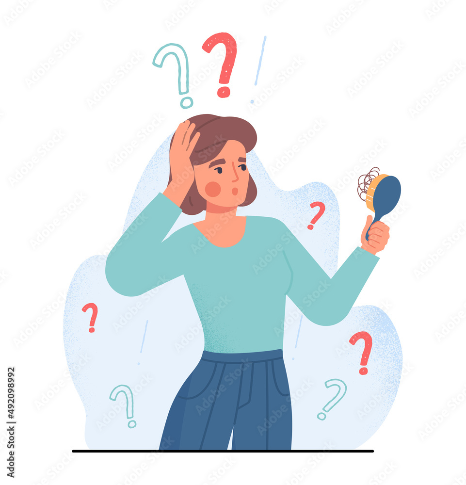 Hair problems concept. Woman looks at hairbrush in confusion. Alopia ...
