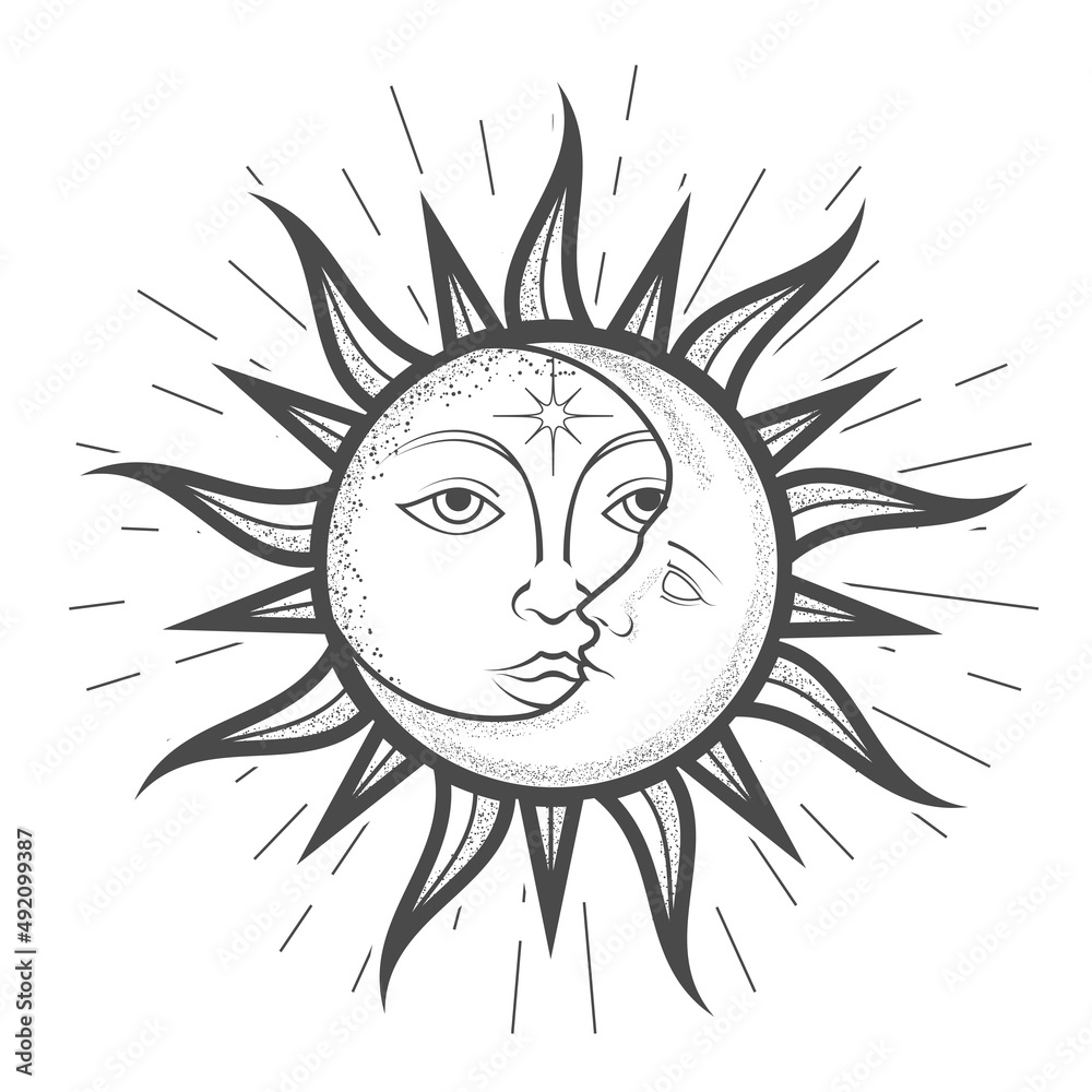 Crescent moon inside sun with a face, magical astrology and celestial ...