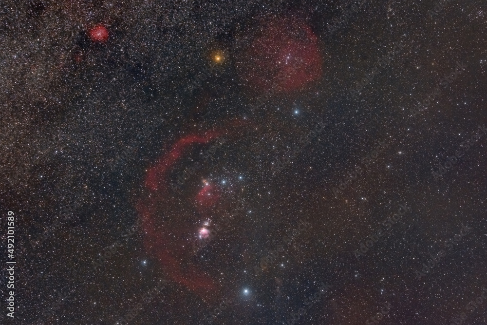 wide field of constellation of Orion with Orion Nebula, flame nebula ...