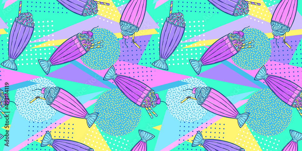 90s style milkshake pattern. Retro sweet ice cream dessert pop art ...