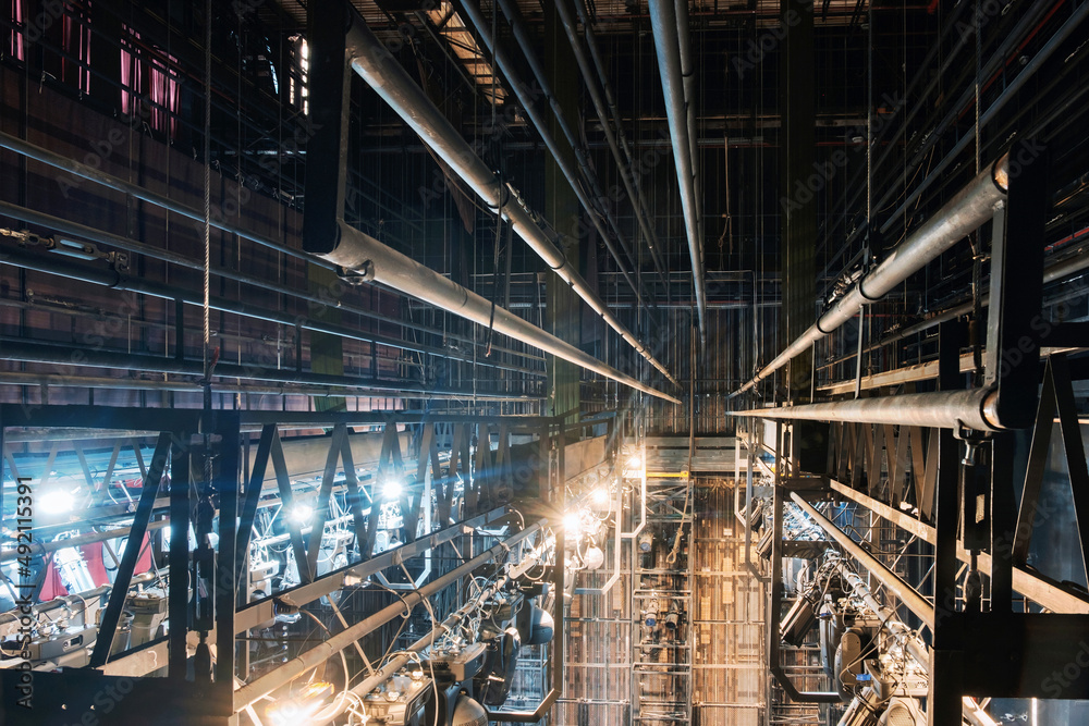 Technical equipment at the backstage of theater. Stage spot lighting ...