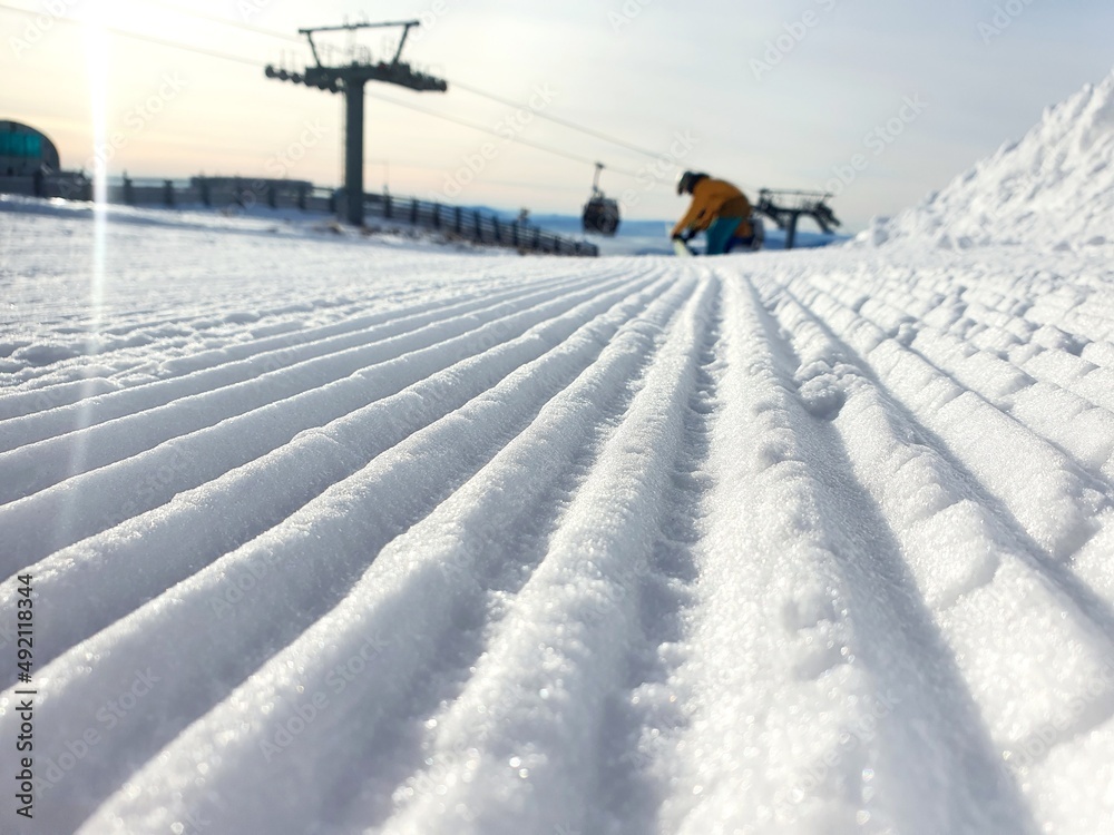 Prepared ski trail. Panoramic point of view the skier's feet on the ...