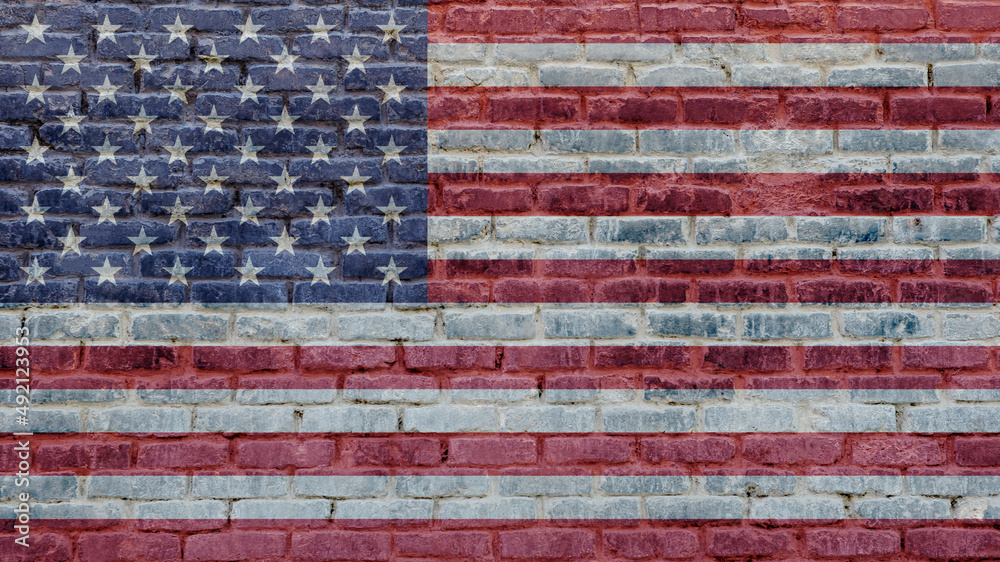 Flags of USA on brick wall background. Stone bricks texture with ...