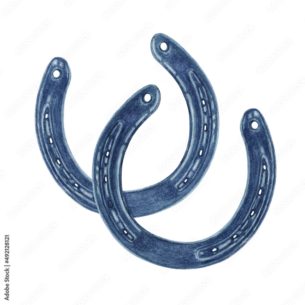 An isolated watercolor artistic hand drawn image of two blue horseshoes ...