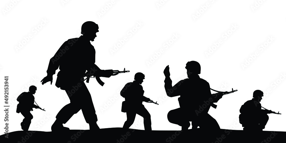 Soldiers troop with rifle gun in war silhouette vector, illustration ...
