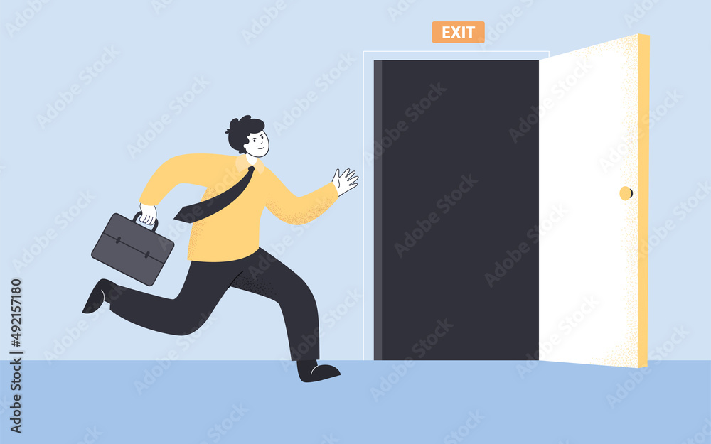 Cartoon office worker escaping through open door. Businessman running ...