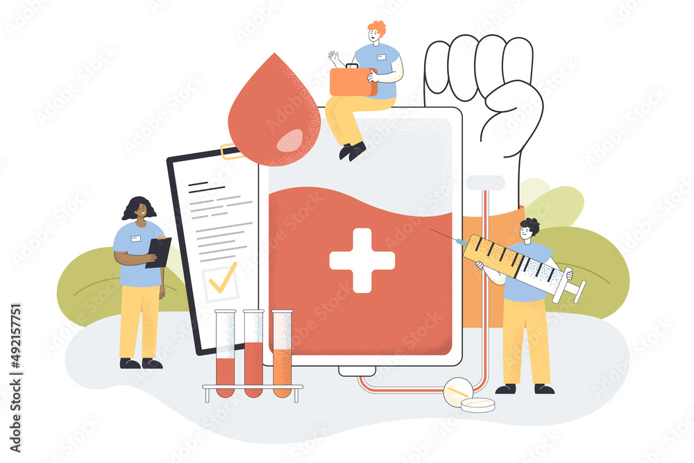 Tiny cartoon nurses with patient card and blood from donor. Blood ...