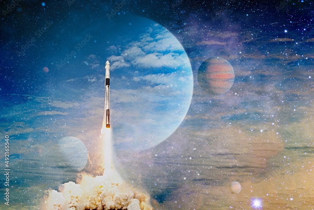 Spaceship flight. Starry sky and blue galactics. View on space shuttle ...