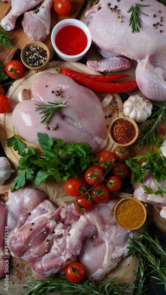 Different types of fresh chicken meat. Whole raw chicken, fillet, thigh ...