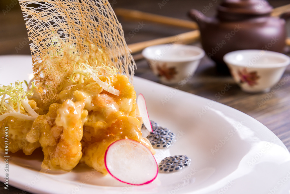 stir fried prawn with black pepper wasabi sauce and oat butter sauce ...