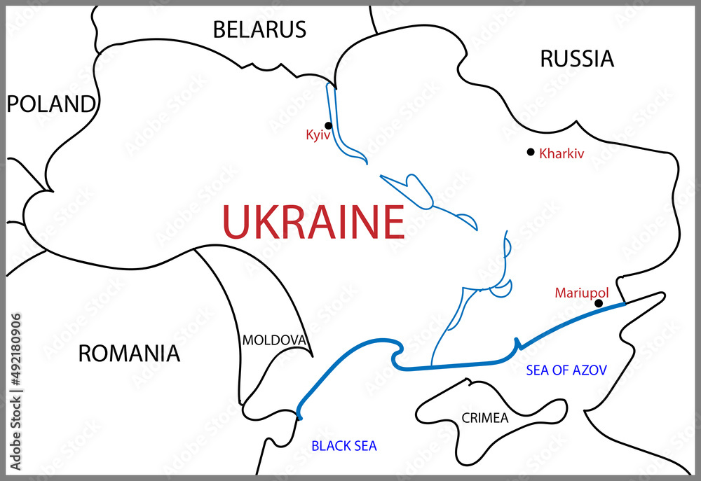 Map of Ukraine, showing the neighbouring countries, and the coast ...