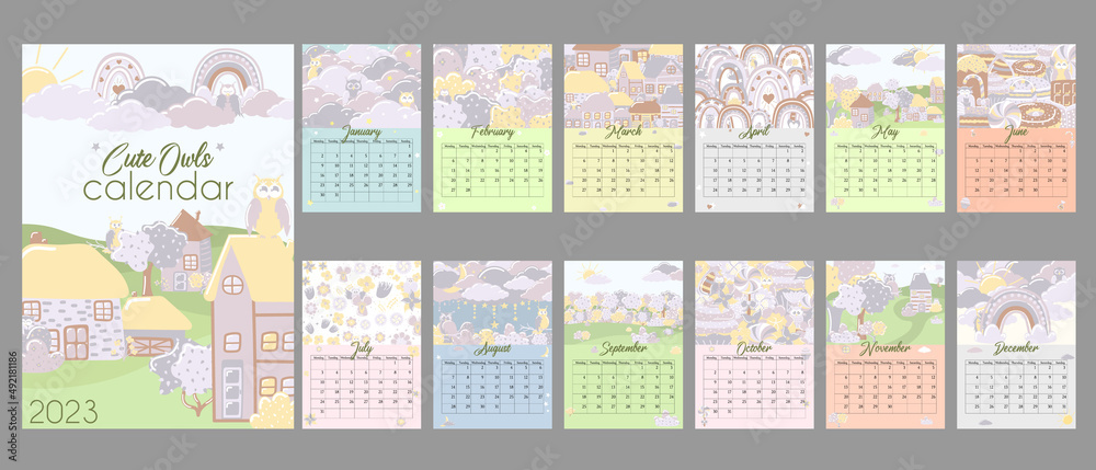 Kid's calendar 2023 with cute illustrations. Calendar with owls. Week ...