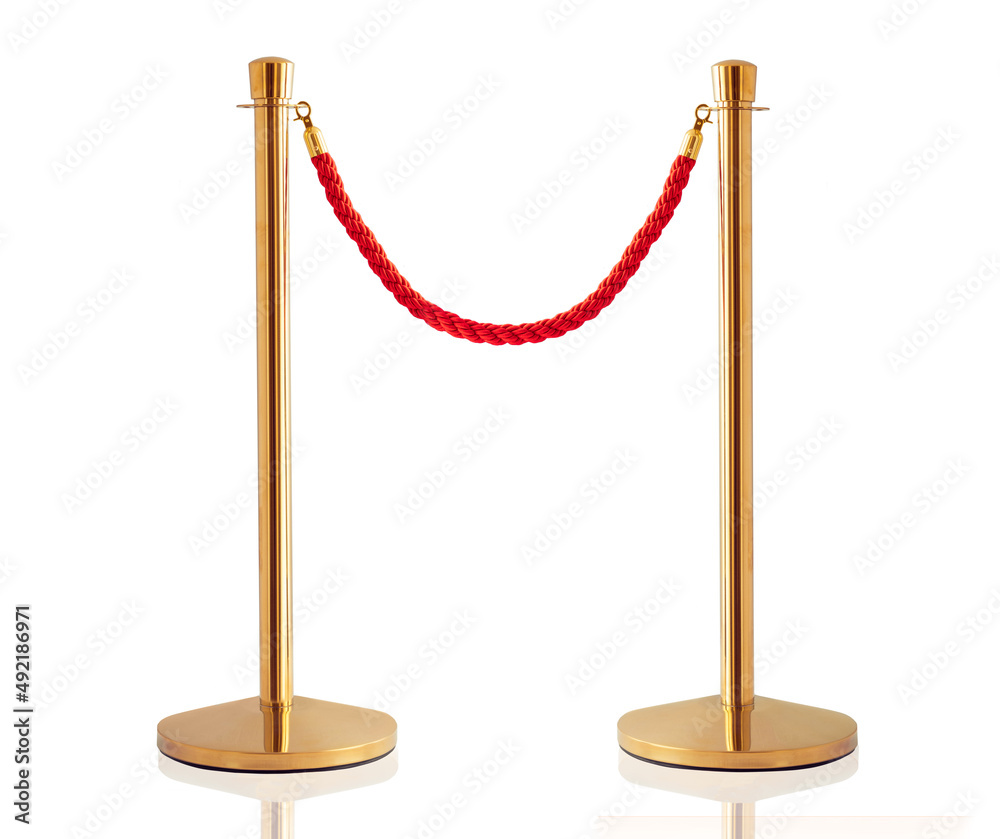 Golden barrier with red rope isolated on white background. Red rope barrier with golden ...