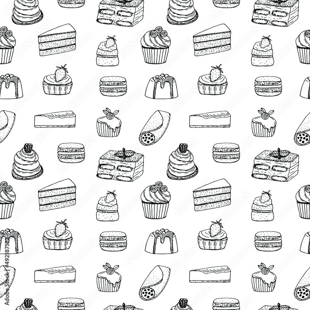 Seamless pattern cakes vector illustration, hand drawing sketch Stock ...