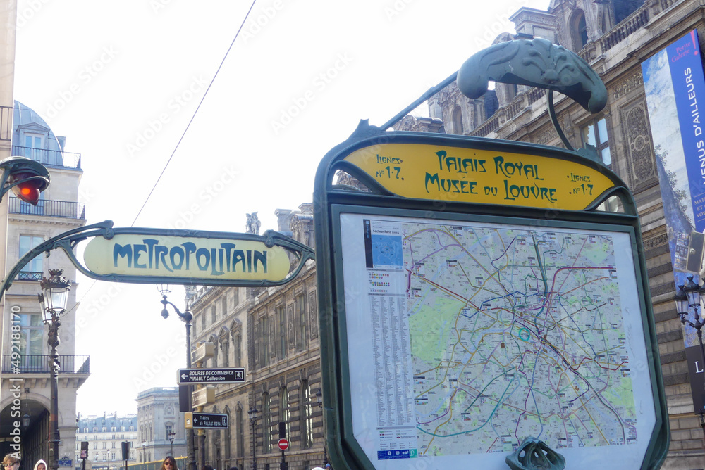Paris, France. March 6. 2022. Entrance of the public transport in the ...