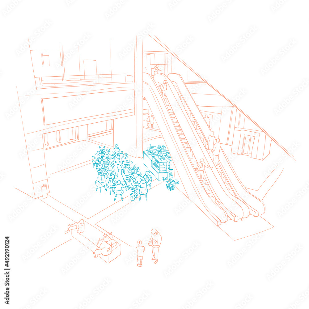 Sketch of food court in the shopping center. Hand drawn vector ...