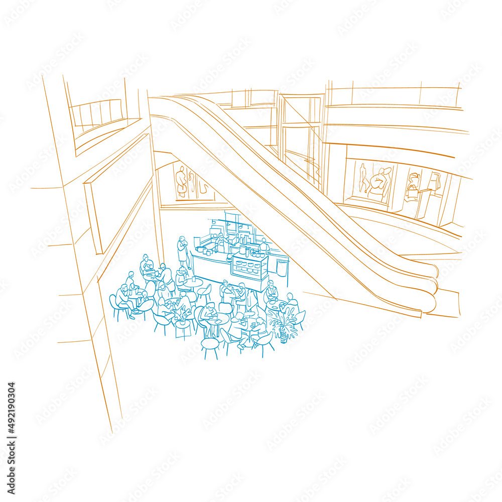 Sketch of food court in the shopping center. Hand drawn vector ...