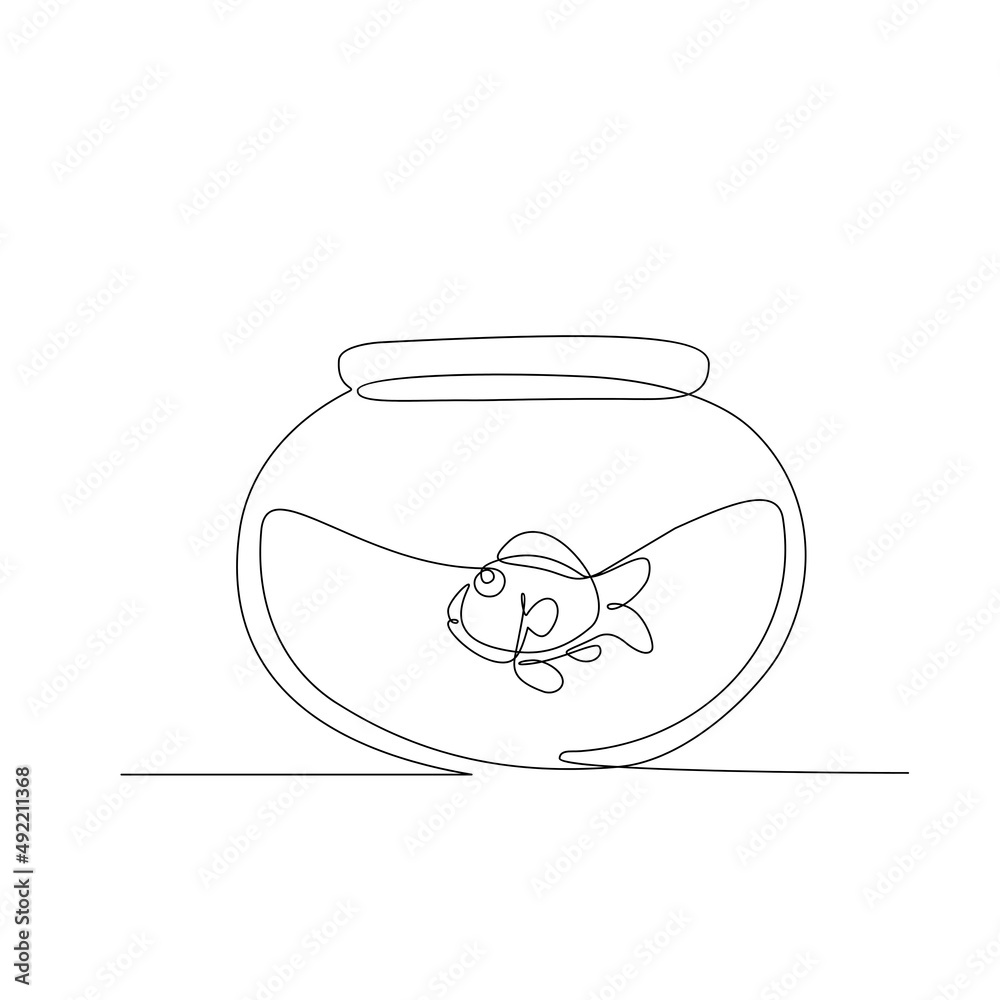 Continuous single line drawing, fish in glass bowl, simple concept for ...