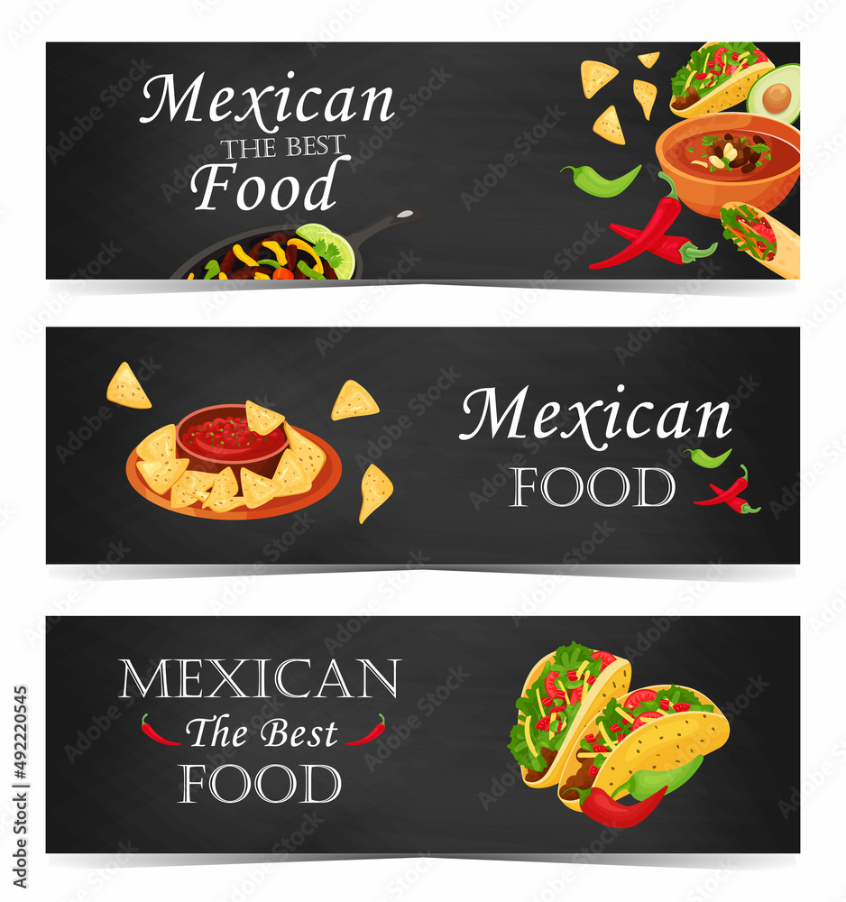 Horizontal posters with mexican traditional food, ingredients, text ...