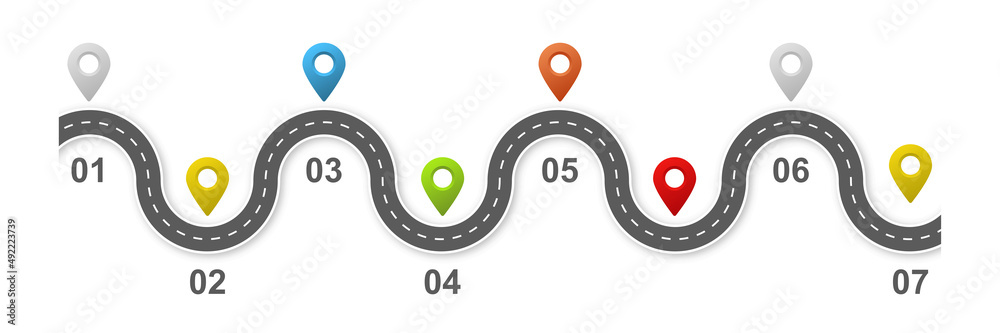 Road infographic timeline template with steps. Horizontal asphalt ...
