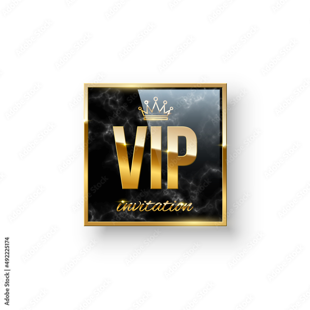 VIP invitation 3d square button with gold crown, border and text on ...