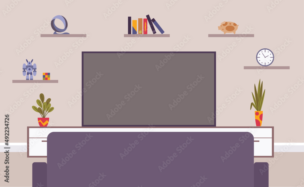 Watching tv in living room. Back view of couch. Vector illustration for ...