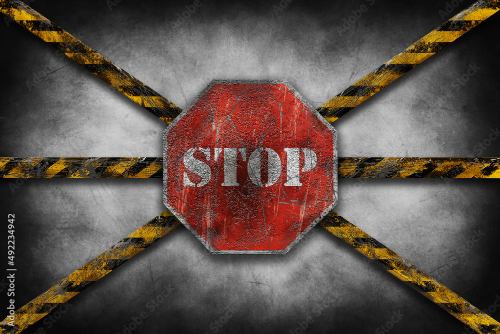 Stop sign and caution tape grunge, worn and damaged look 3D ...
