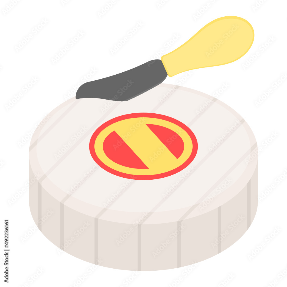 Wax paper wrapped cheese wheel with cheddar knife Concept vector icon ...