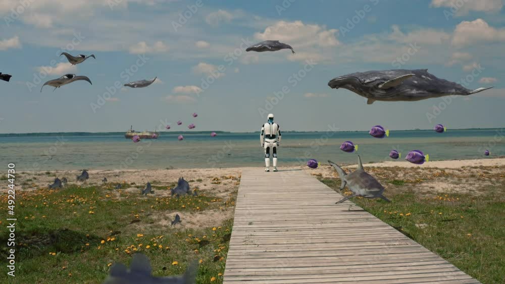 Futuristic World Scenery. Prototype Cyborg AI Humanoid Robot on Sea ...