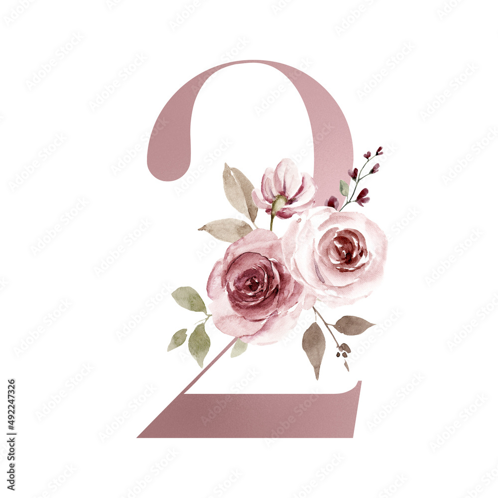 Pink number 2 with watercolor flowers roses and leaf. Perfectly for ...