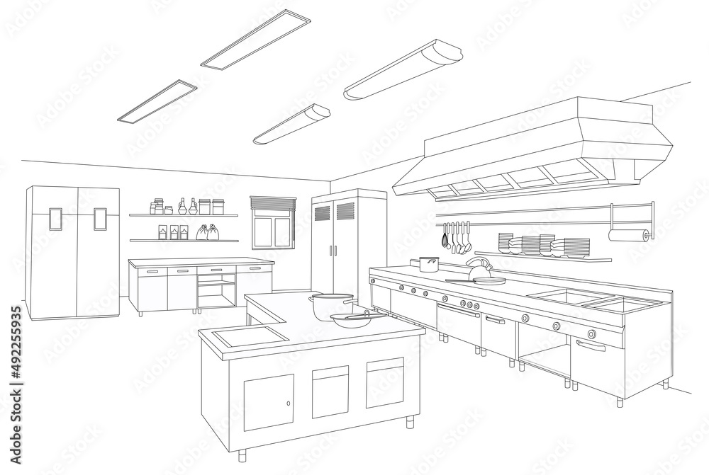 Scheme or plan of the device of a professional kitchen in a restaurant ...