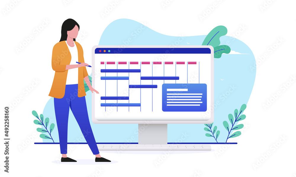 Project manager vector illustration - Female person working on managing ...