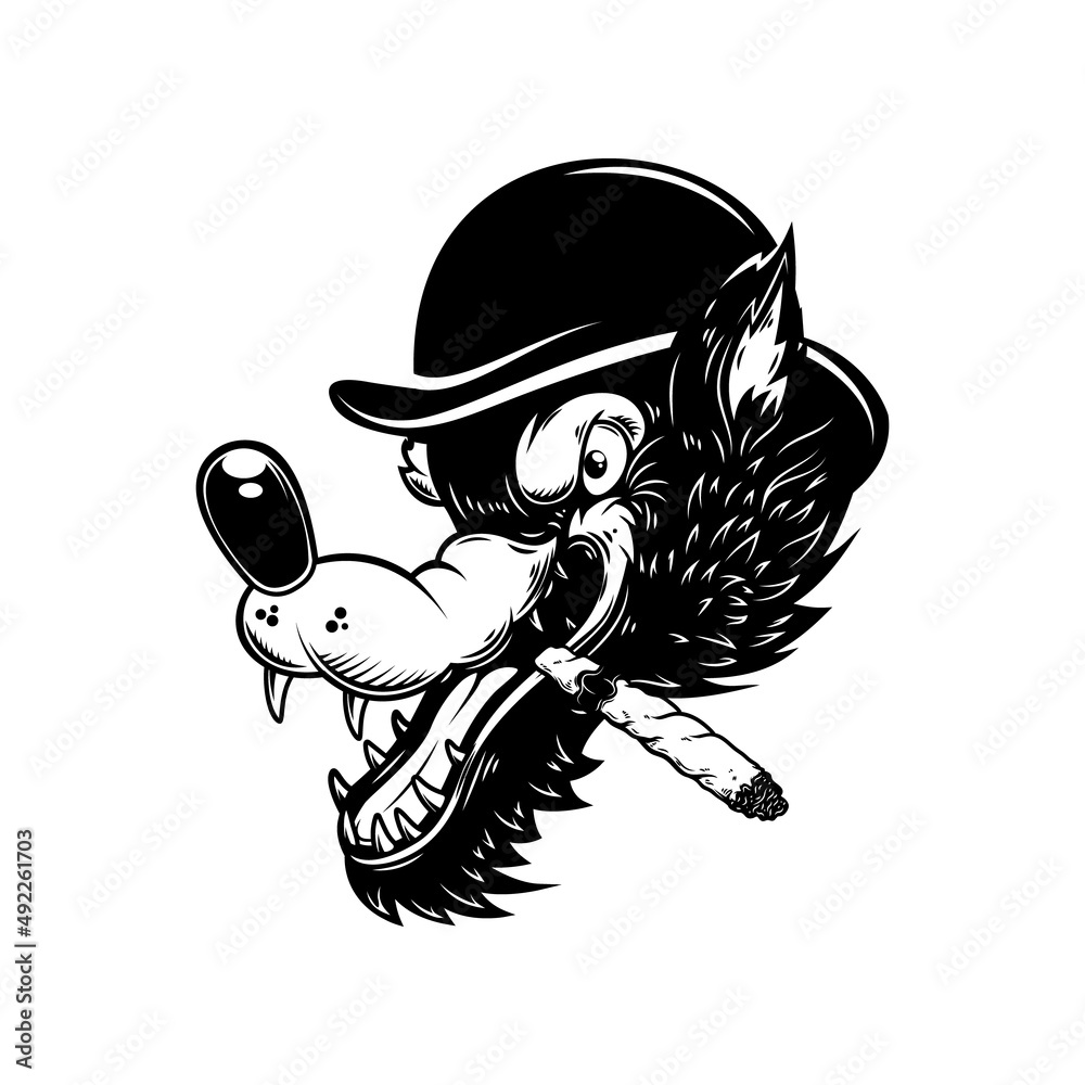 Illustration of cartoon wolf in vintage hat and with cigar. Design ...