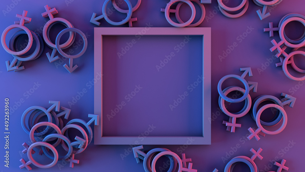 Mockup of frame with male and female signs on purple pink background ...
