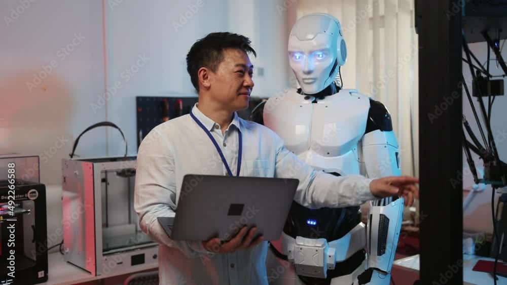 3D printing. Cooperative team of talking asian scientist and cybernetic ...