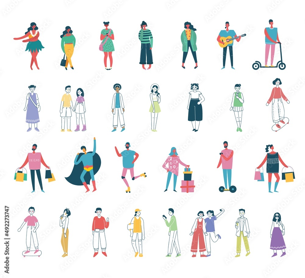 Big set group of diverse flat cartoon characters style young people ...