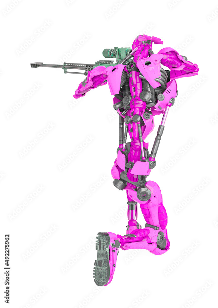 mechanical soldier is holding a rifle on sniper kneel pose rear view ...